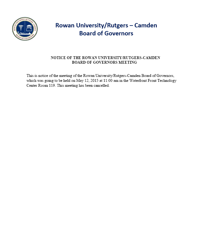 Agenda - 05/15 Cancellation Notice - Rutgers University Board of Governors